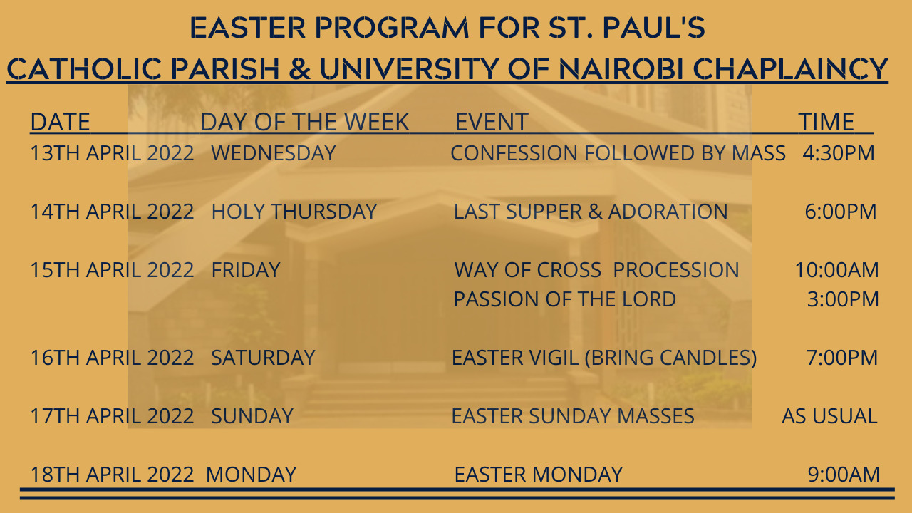 Easter Mass Schedules from several parishes – Archdiocese of Nairobi